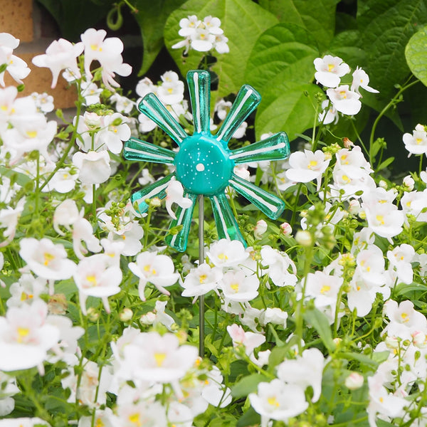Aqua blue, green and white flower stake – Fired Creations