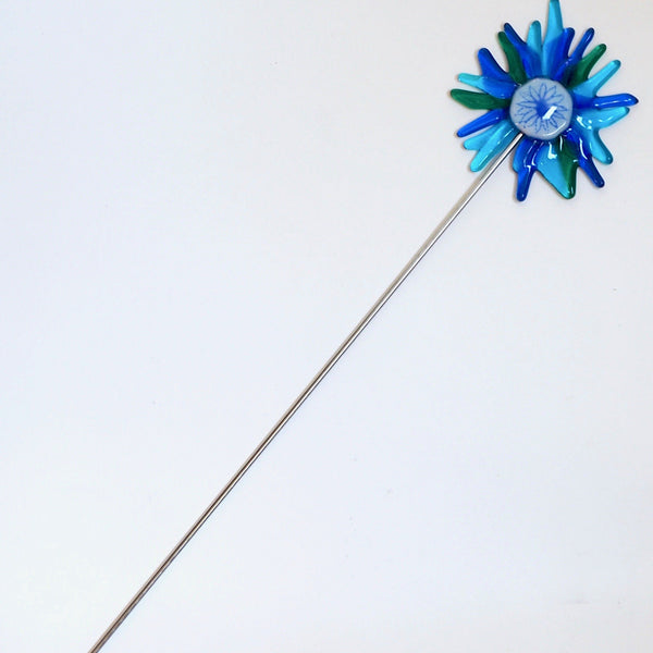 Blue, turquoise and white flower stake – Fired Creations