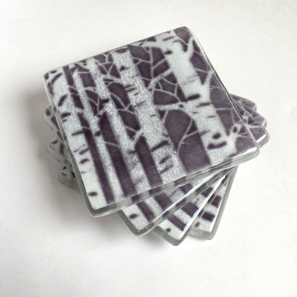 Purple poplar trees fused glass drinks coasters – Fired Creations