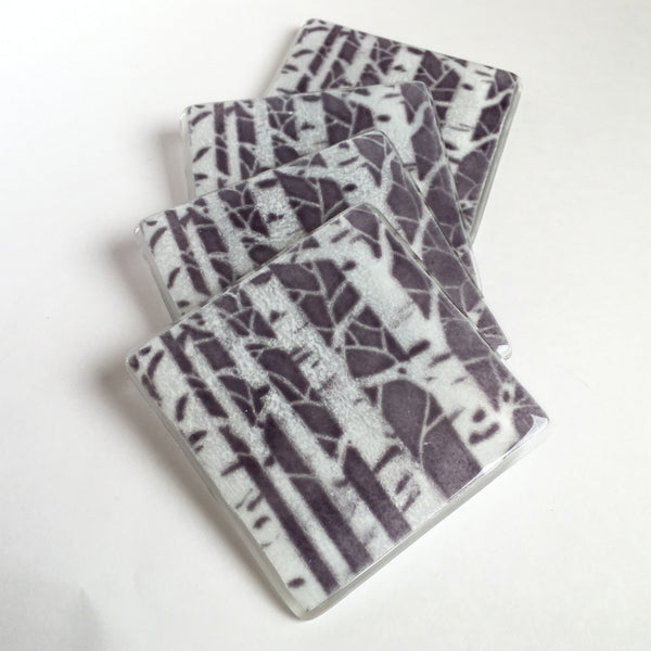 Purple poplar trees fused glass drinks coasters – Fired Creations